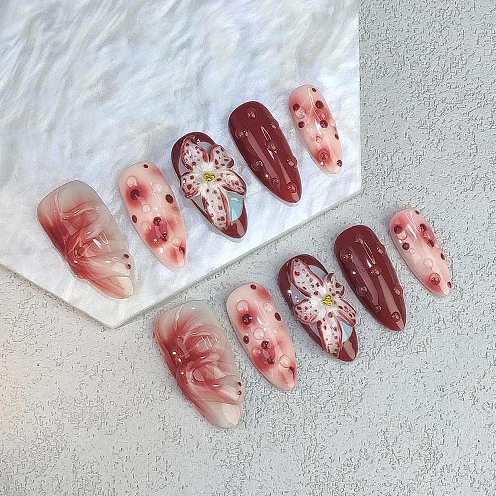 Devil's Blossom: Enchanting Wine-Red Floral Nails for a Bewitching Fall ...